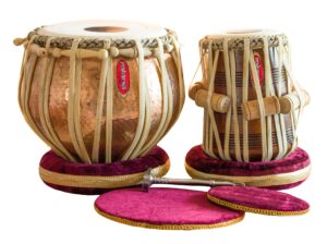 concert tabla drum set, 5½ kg lacquer polish copper bayan, maharaja, finest dayan with padded bag, hammer, cushions & cover (pdi-bjj)