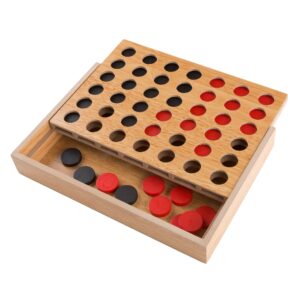 Classic Four in a Row Game Wooden Travel Board Game for Adults, Kids, Boys and Girls by Hey! Play! , Brown