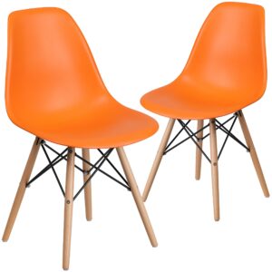 flash furniture 2 pack elon series orange plastic chair with wooden legs for versatile kitchen, dining room, living room, library or desk use