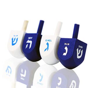 The Dreidel Company Bulk Solid Blue & White Wooden Hanukkah Dreidels, Hand Painted with English Transliteration- Includes Game Instruction Cards (4-Pack)