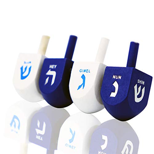 The Dreidel Company Bulk Solid Blue & White Wooden Hanukkah Dreidels, Hand Painted with English Transliteration- Includes Game Instruction Cards (4-Pack)