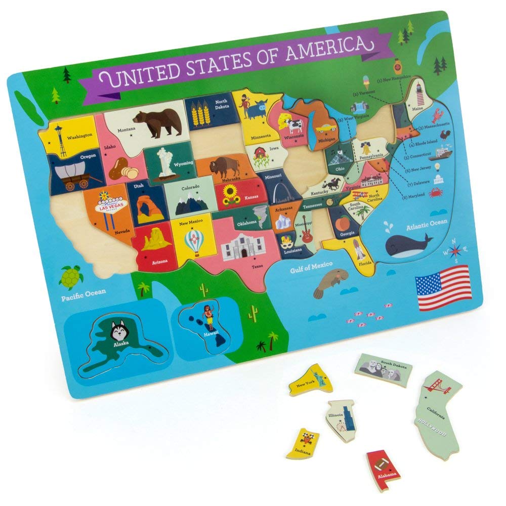 Imagination Generation USA States Chunky Puzzle Board - Learn All 50 States with Professor Poplar's Wooden Pegged Puzzles - Children's Educational Toys - USA States