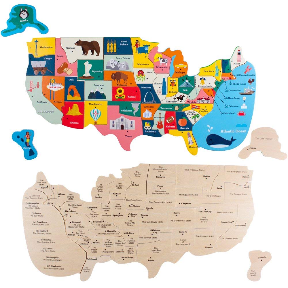 Imagination Generation USA States Chunky Puzzle Board - Learn All 50 States with Professor Poplar's Wooden Pegged Puzzles - Children's Educational Toys - USA States