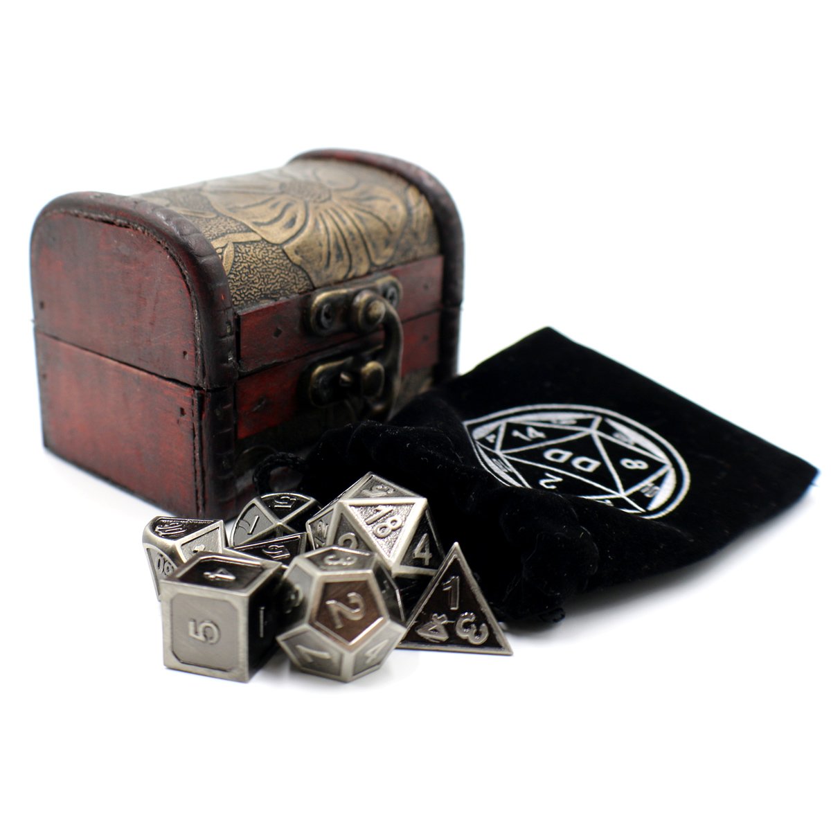 Metal Dice Set with Silver Border and Storage Chest for Tabletop Games