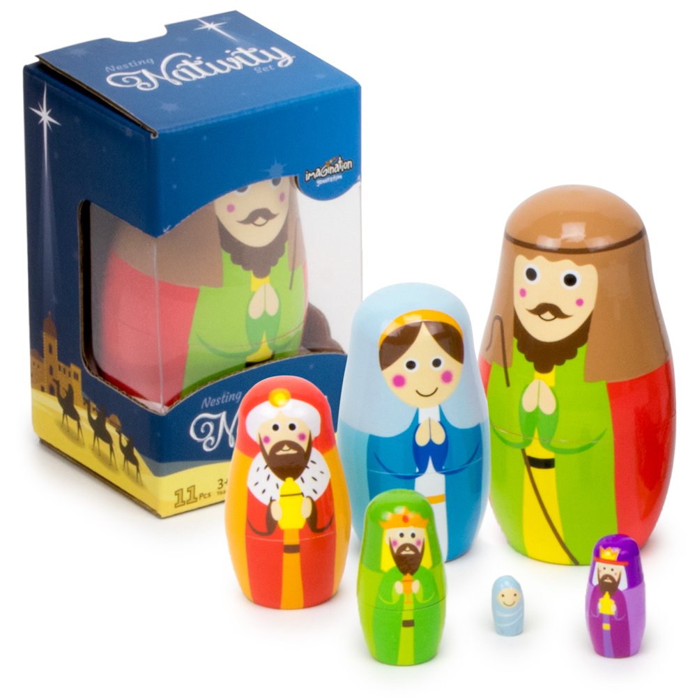 Imagination Generation - Nesting Nativity Set for Kids - Christmas Nesting Dolls, Wooden Toys Playset with Baby Jesus, Three Kings, Mary and Joseph Figurines for Kids - 11 Pcs