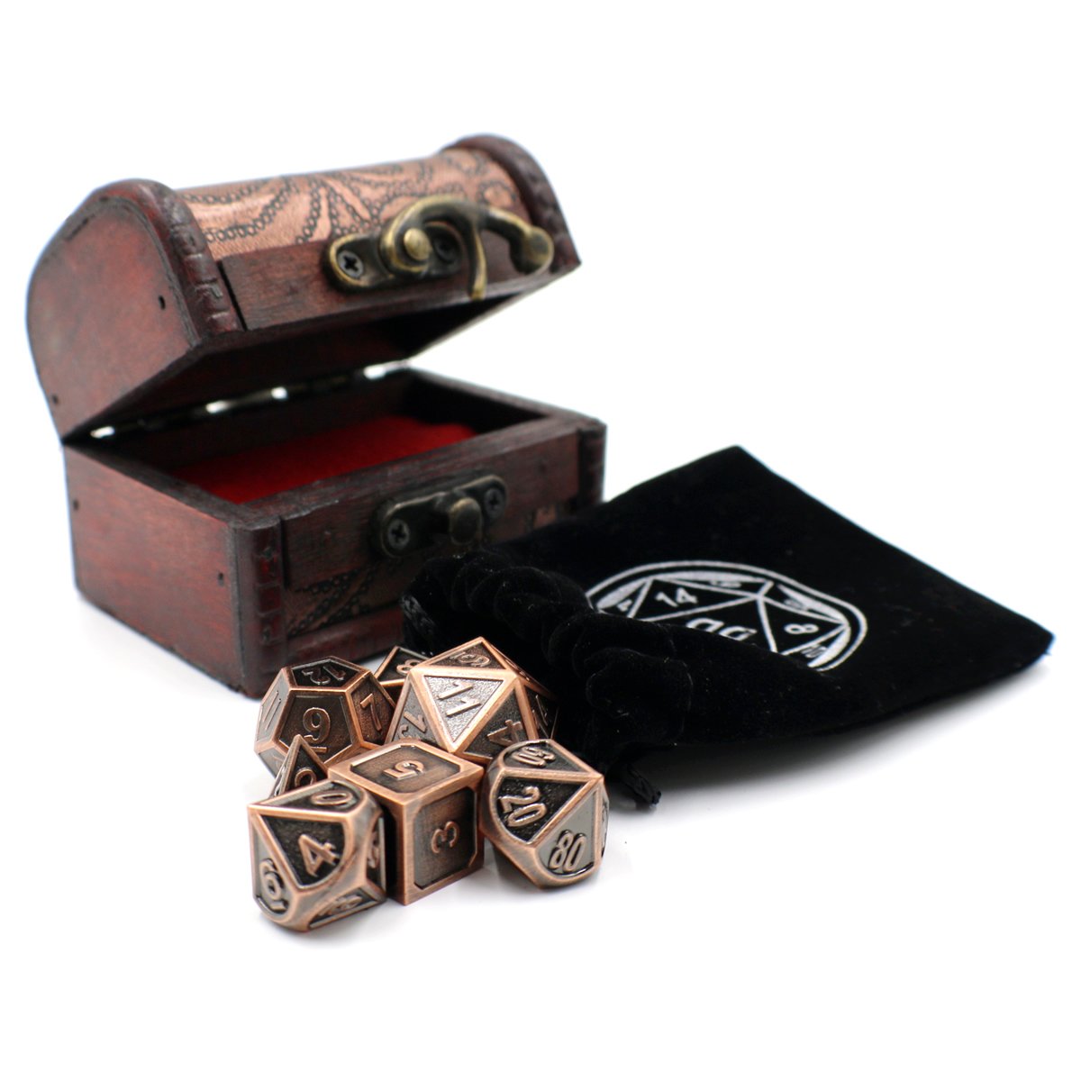 Metal Dice Set with Bronze Border and Storage Chest for Tabletop Games