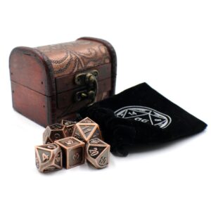 Metal Dice Set with Bronze Border and Storage Chest for Tabletop Games