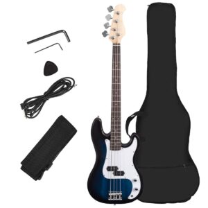 costzon full size electric 4 string bass guitar for beginner starter complete kit, rose fingerboard and bridge, w/two pickups & two tone control, guitar bag, strap, guitar pick, amp cord (blue bass)