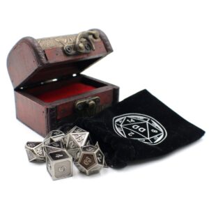 Metal Dice Set with Silver Border and Storage Chest for Tabletop Games