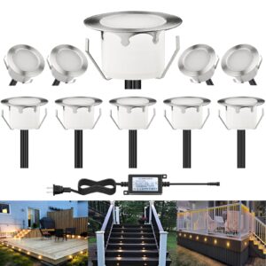 chnxu led outdoor deck lights kits, Φ1.77in warm white 10 pack silver, low voltage 12v dc ip67 waterproof, electric wired recessed exterior stair step riser landscape lighting for outside floor yard