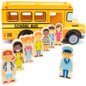 Imagination Generation Back to School Bus Wooden Vehicle Play Set with 8 Character Figures, 7 Students, 1 Bus Driver