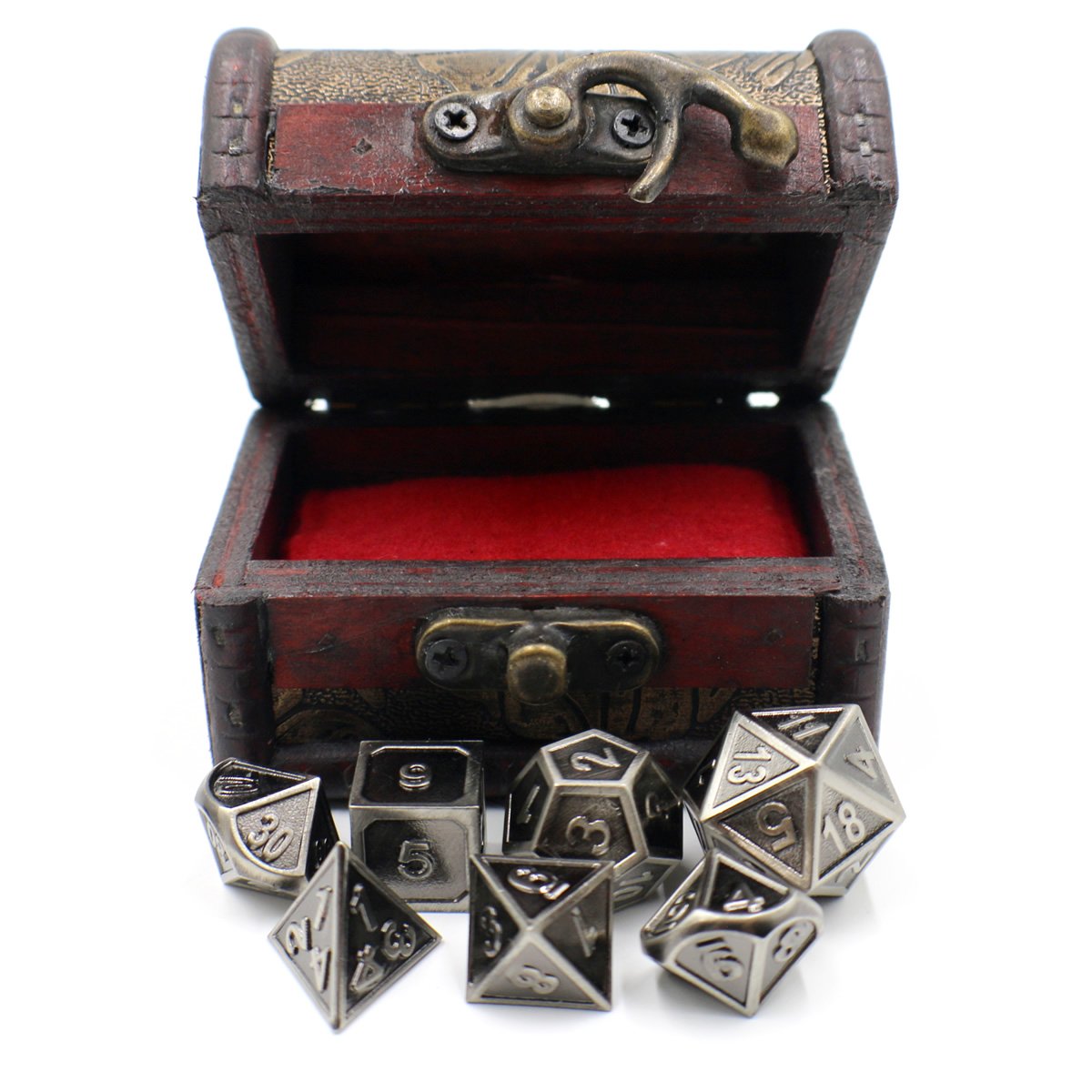 Metal Dice Set with Silver Border and Storage Chest for Tabletop Games