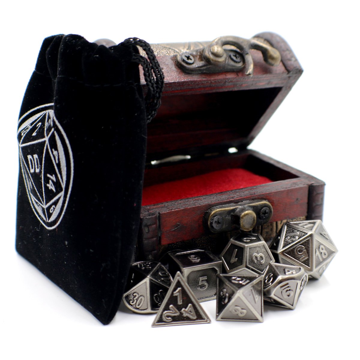 Metal Dice Set with Silver Border and Storage Chest for Tabletop Games