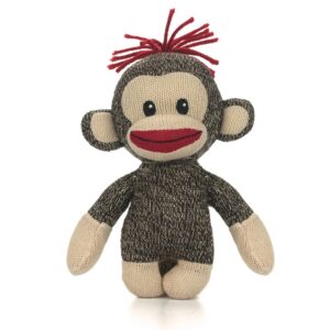 plushland original curioso brown sock monkey, hand knitted, stuffed animal toy gift-for kids, babies, teens, girls and boys baby doll present puppet 6 inches