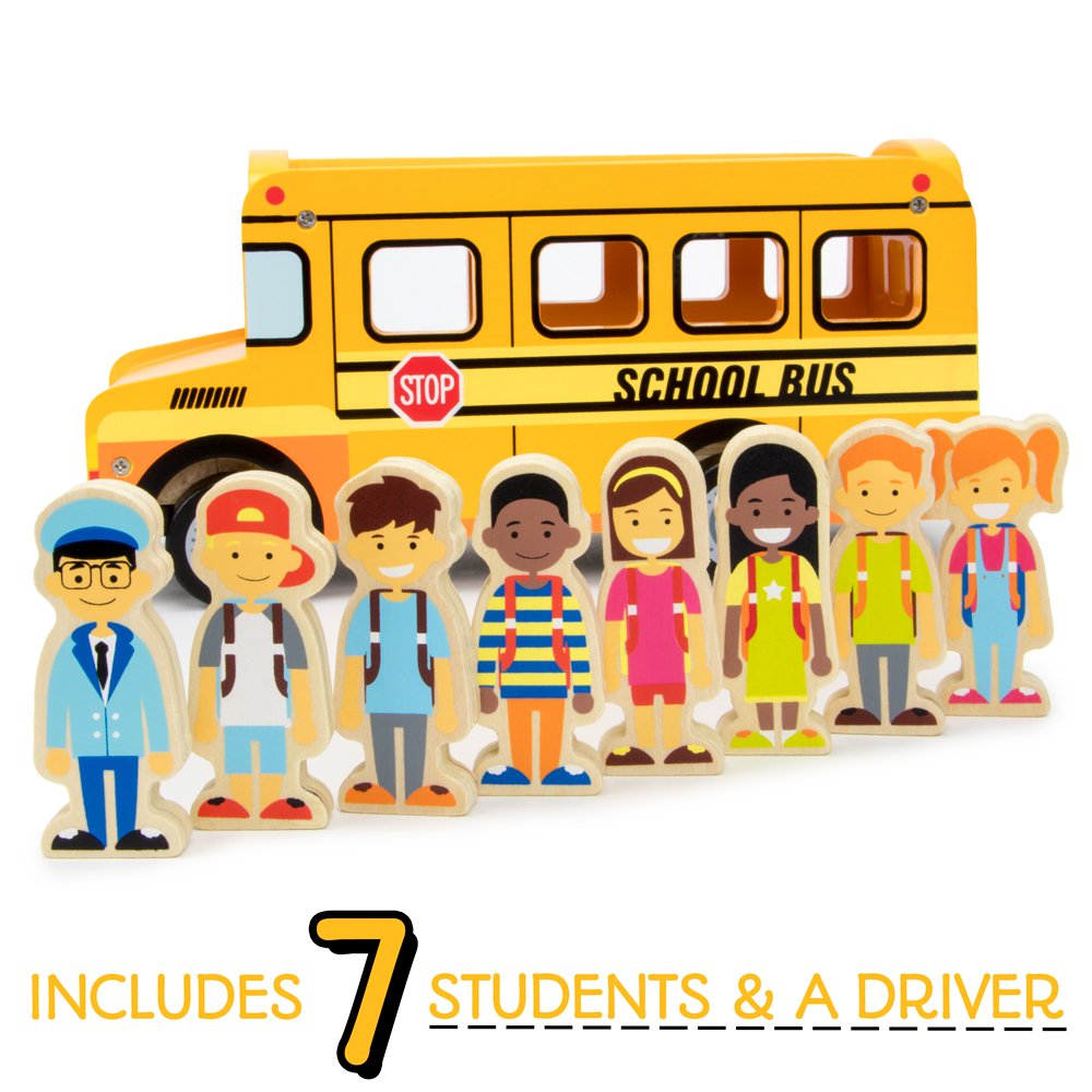 Imagination Generation Back to School Bus Wooden Vehicle Play Set with 8 Character Figures, 7 Students, 1 Bus Driver