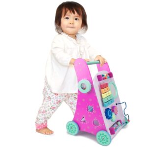 imagination generation pink push-n-play wooden learning walker toy, 10 fun activities for sitting, standing, & walking toddlers