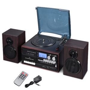 aw vinyl record player with speakers turntable for vinyl records stereo system for home bluetooth tape cassette cd player retro all in 1 am/fm radio