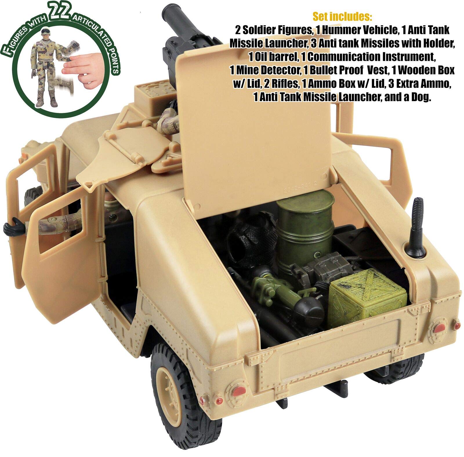 Click N' Play Military 20 Piece Play Set with Humvee Vehicle, Includes 2 Soldier Action Figures, Missile Launchers, Rifles, and More, Army Playset for Boys 6+,Tan