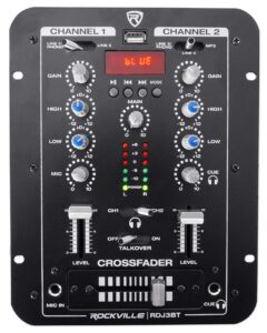 rockville rdj3bt 2 channel dj mixer with usb, bluetooth, talkover, 4 line inputs