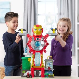 playskool heroes marvel super hero adventures iron man headquarters playset, iron man & hulk 2.5" action figures, vehicle, toys for kids ages 3 & up