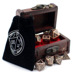 Metal Dice Set with Bronze Border and Storage Chest for Tabletop Games