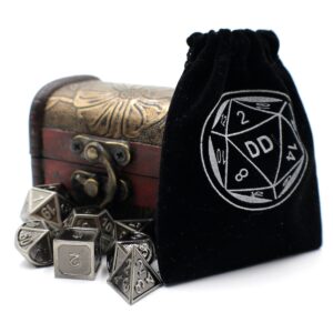 metal dice set with silver border and storage chest for tabletop games