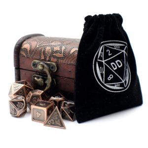 metal dice set with bronze border and storage chest for tabletop games