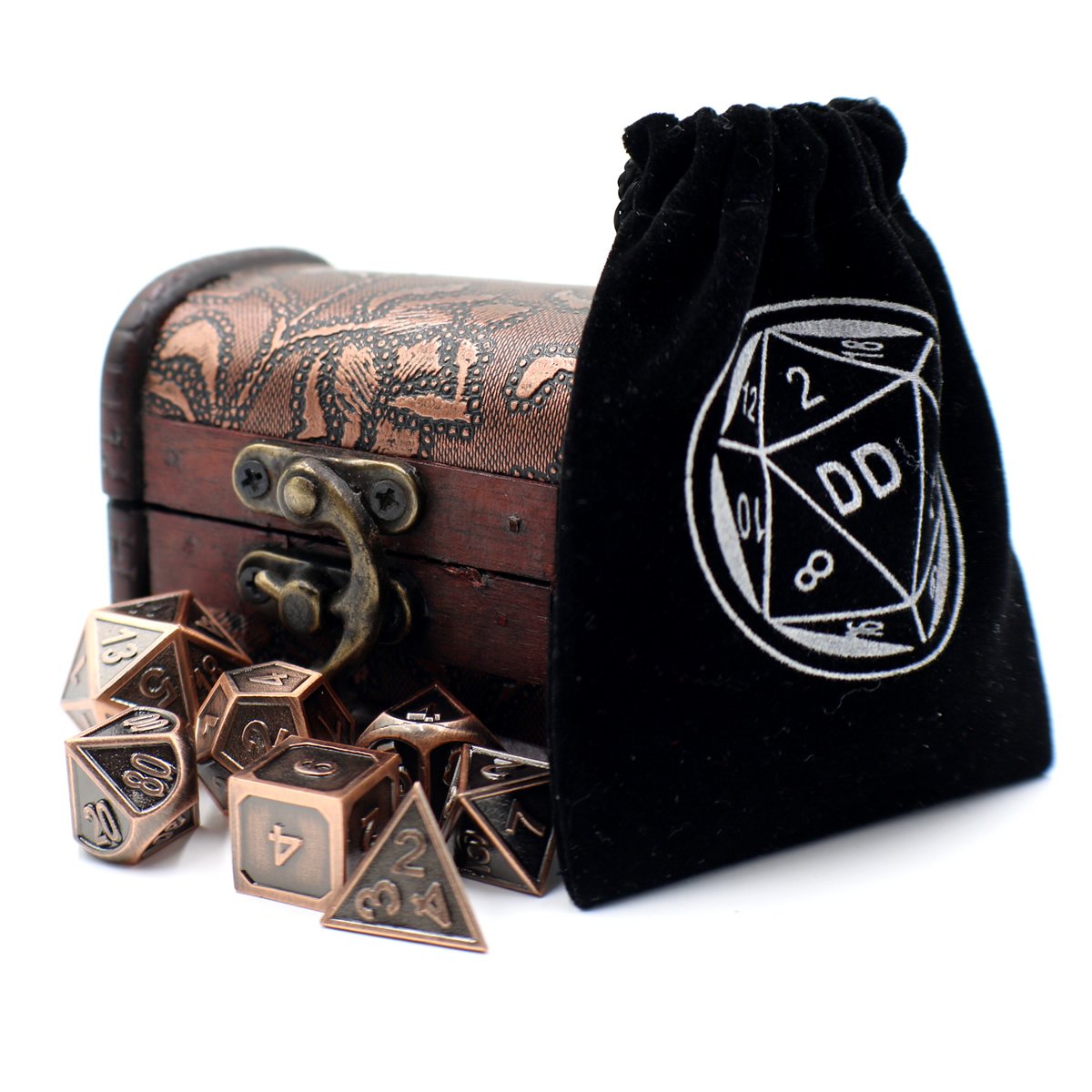 Metal Dice Set with Bronze Border and Storage Chest for Tabletop Games