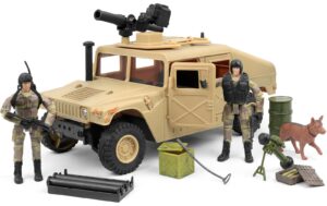 click n' play military 20 piece play set with humvee vehicle, includes 2 soldier action figures, missile launchers, rifles, and more, army playset for boys 6+,tan