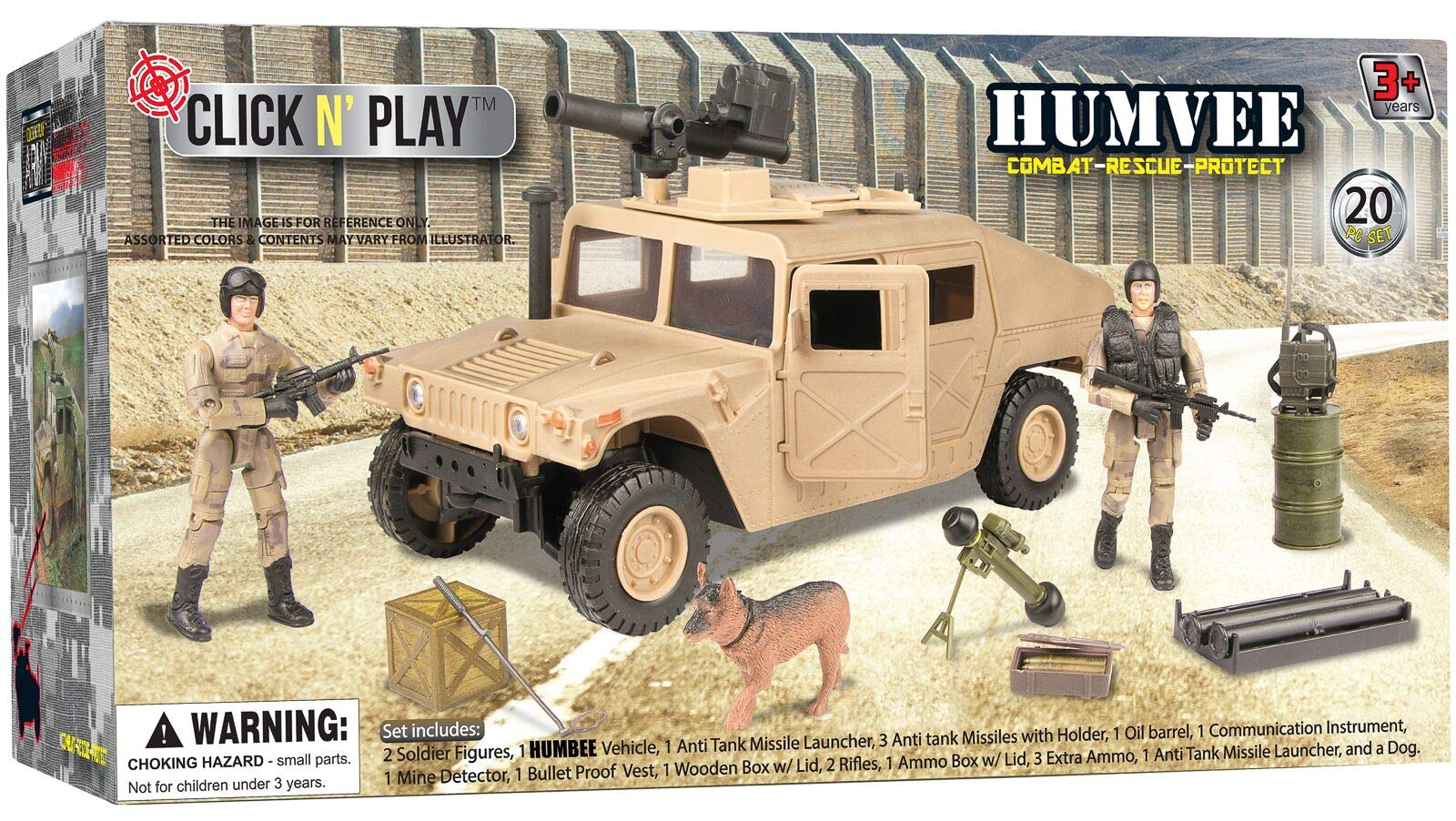 Click N' Play Military 20 Piece Play Set with Humvee Vehicle, Includes 2 Soldier Action Figures, Missile Launchers, Rifles, and More, Army Playset for Boys 6+,Tan