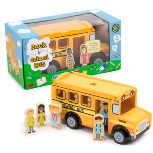 Imagination Generation Back to School Bus Wooden Vehicle Play Set with 8 Character Figures, 7 Students, 1 Bus Driver