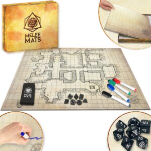 melee mats dnd map starter kit for dungeons & dragons game - 23” x 27" double sided, wet/dry erase battle terrain grid - ultimate tabletop board gaming experience with accessories