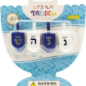 The Dreidel Company Bulk Solid Blue & White Wooden Hanukkah Dreidels, Hand Painted with English Transliteration- Includes Game Instruction Cards (4-Pack)