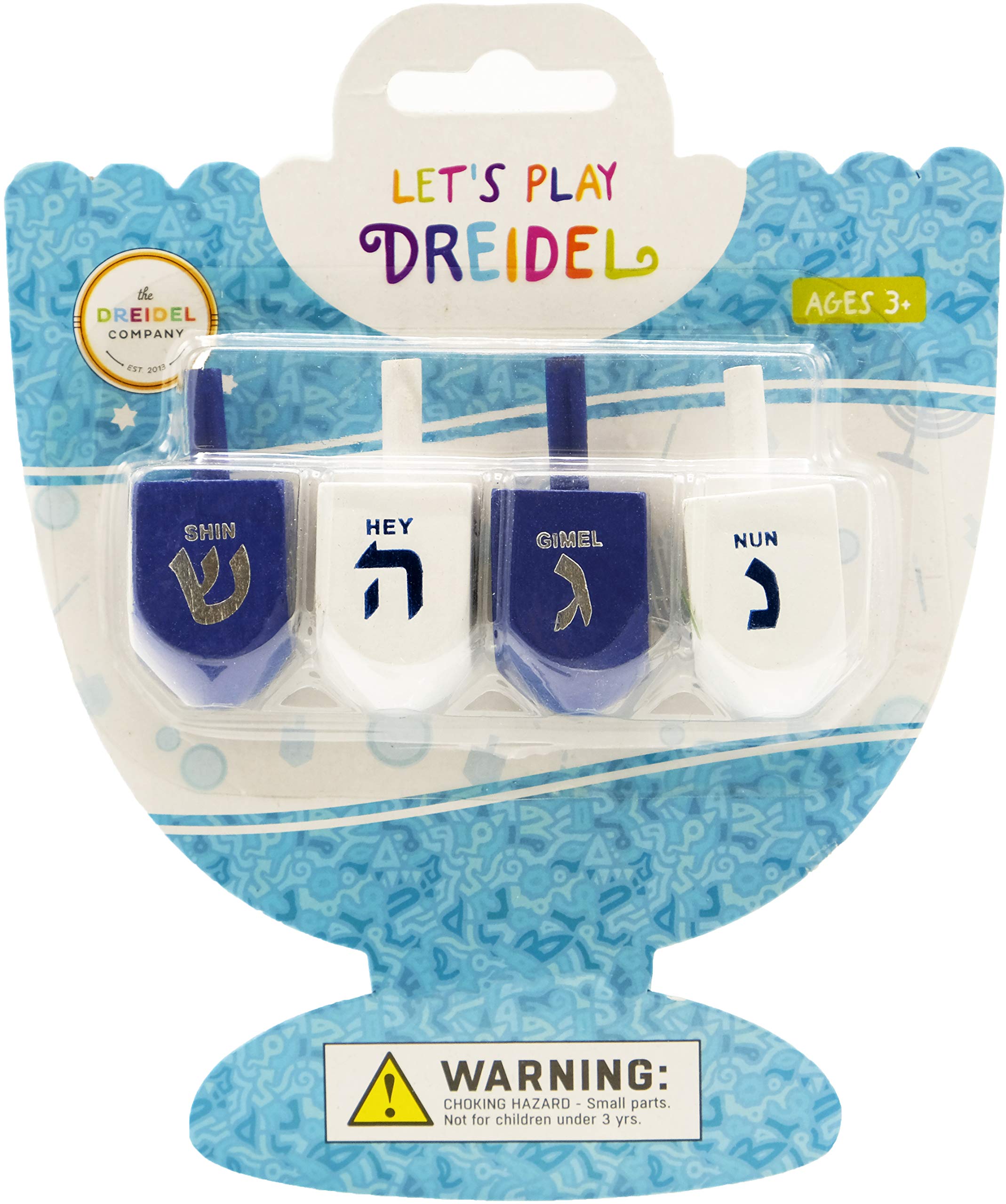 The Dreidel Company Bulk Solid Blue & White Wooden Hanukkah Dreidels, Hand Painted with English Transliteration- Includes Game Instruction Cards (4-Pack)