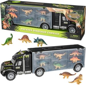 prextex 16" dinosaur truck carrier playset with 6 mini plastic dinosaurs, dinosaur toy trucks for toddler boys 3 to 5 years old