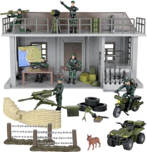 click n' play army action figure and military playset with multi level command center, includes 51 accessories- 6 solider action figures with gear, guns, vehicles, army playset for boys 6+