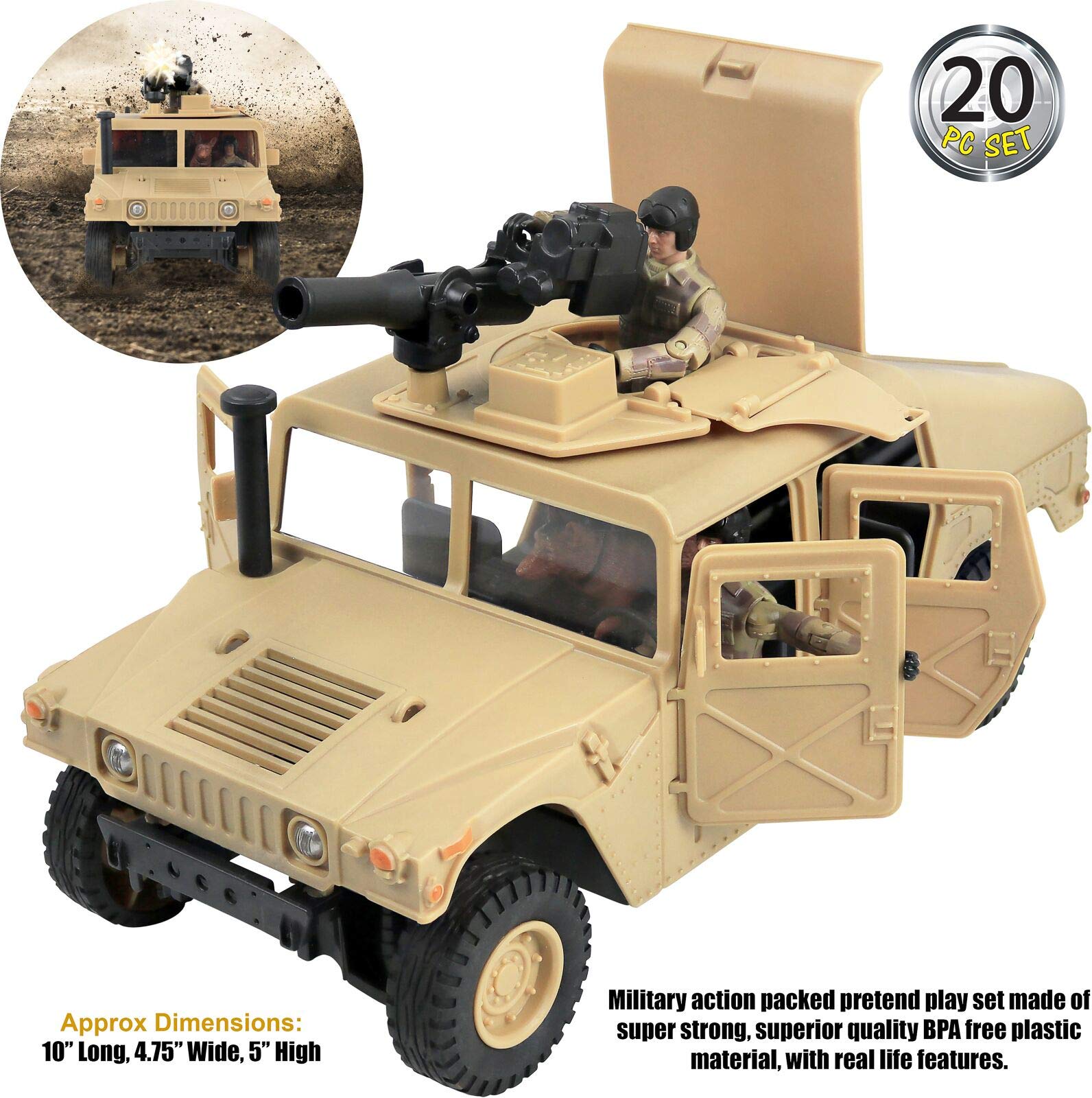 Click N' Play Military 20 Piece Play Set with Humvee Vehicle, Includes 2 Soldier Action Figures, Missile Launchers, Rifles, and More, Army Playset for Boys 6+,Tan