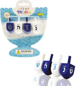 the dreidel company bulk solid blue & white wooden hanukkah dreidels, hand painted with english transliteration- includes game instruction cards (4-pack)