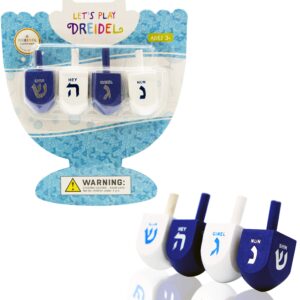 The Dreidel Company Bulk Solid Blue & White Wooden Hanukkah Dreidels, Hand Painted with English Transliteration- Includes Game Instruction Cards (4-Pack)