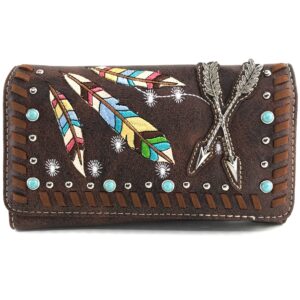 justin west native color feather arrow turquoise stud weave fringe conceal carry shoulder handbag purse | trifold wallet (brown wallet only)