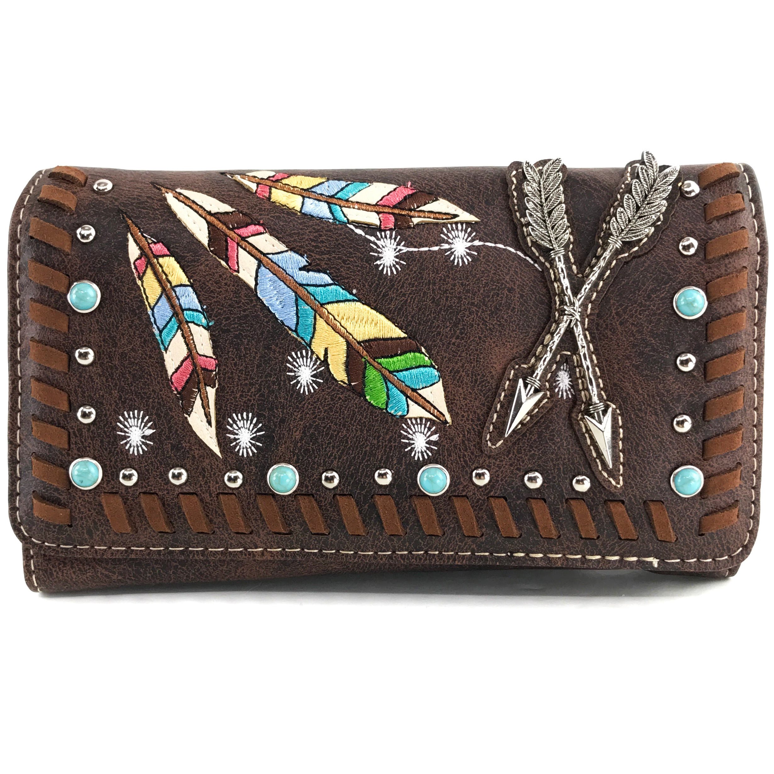 Justin West Native Color Feather Arrow Turquoise Stud Weave Fringe Conceal Carry Shoulder Handbag Purse | Trifold Wallet (Brown Wallet Only)