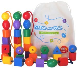 cc o play large lacing bead set for kids - 36 jumbo beads & 4 threads for toddlers - montessori educational stringing toy for preschool children - bonus bag & ebook with primary resources