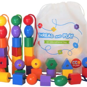 CC O Play Large Lacing Bead Set for Kids - 36 Jumbo Beads & 4 Threads for Toddlers - Montessori Educational Stringing Toy for Preschool Children - Bonus Bag & Ebook with Primary Resources