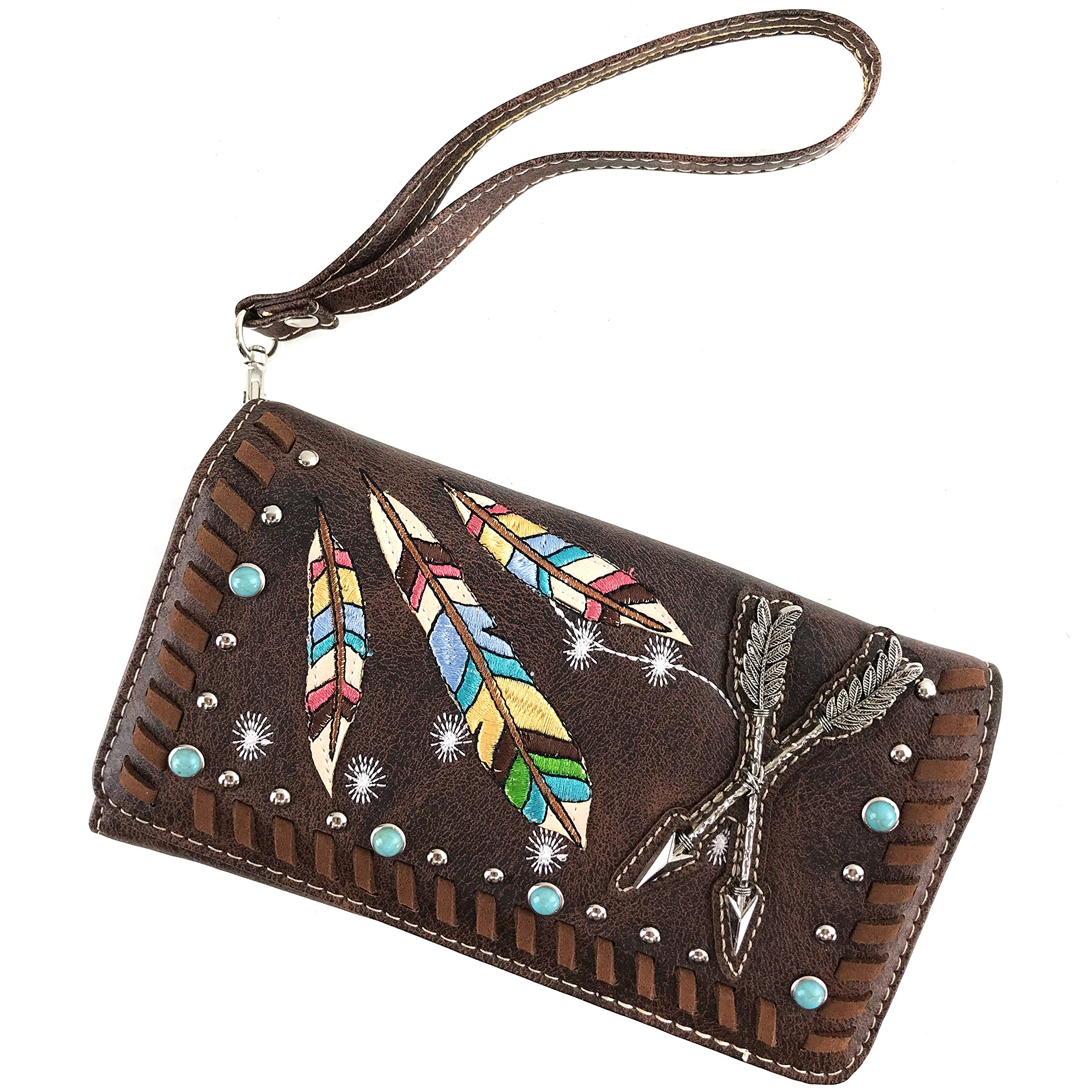 Justin West Native Color Feather Arrow Turquoise Stud Weave Fringe Conceal Carry Shoulder Handbag Purse | Trifold Wallet (Brown Wallet Only)