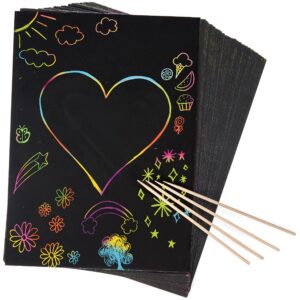 rainbow scratch paper bulk pack, large size full sheet 7.5x10 inches, 50 piece magic scratch paper art set with 4 wooden stylus, black scratch off paper, arts and crafts for kids