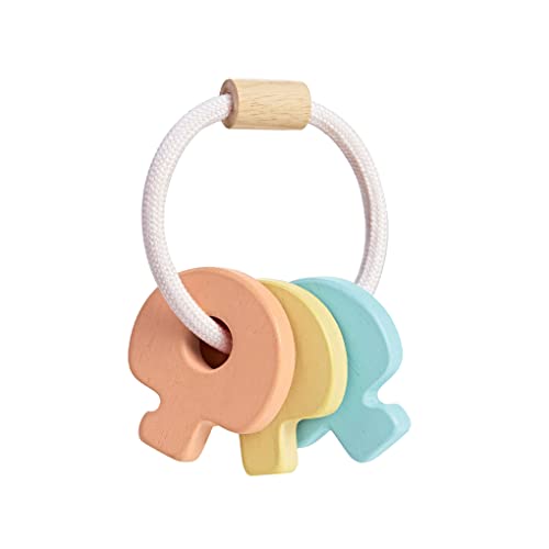 PlanToys Wooden Key Rattle and Teether Toy (5251) | Pastel Color Collection | Sustainably Made from Rubberwood and Non-Toxic Paints and Dyes