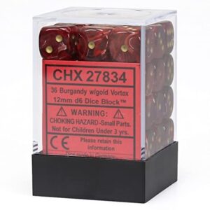 dnd dice set-chessex d&d dice-12mm vortex burgundy and gold polyhedral dice set-dungeons and dragons dice includes 36 dice – d6