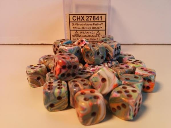 DND Dice Set-Chessex D&D Dice-12mm Festive Vibrant and Brown Plastic Polyhedral Dice Set-Dungeons and Dragons Dice Includes 36 Dice – D6 (CHX27841)