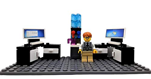 CUSTOM TOYS & HOBBIES INC Building Bricks Businessman Lawyer Full Office Setup 2 L Desks Keyboards Computers Water Cooler & Minifigure Miniature AFOL Holiday Birthday Gift for Kids