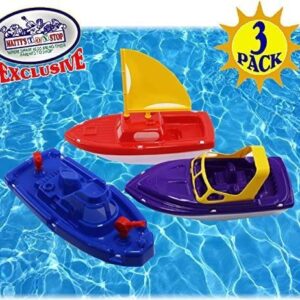 Matty's Toy Stop Plastic Boats Set Sailboat (Red), Speedboat (Purple) & Fireboat (Blue) Gift Set Bundle, Perfect Bath, Pool, Beach Etc. - 3 Pack